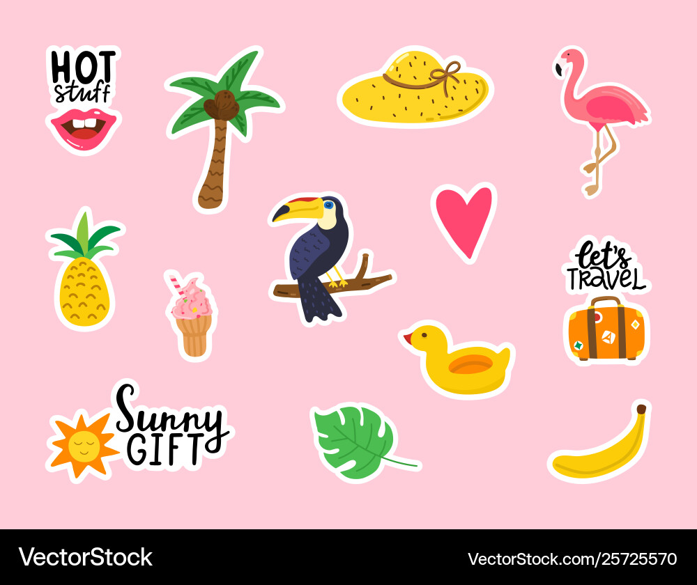 Summer stickers collection on pink background Vector Image
