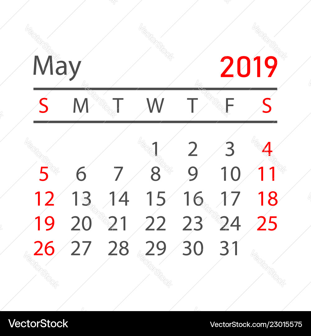 Calendar may 2019 year in simple style Royalty Free Vector