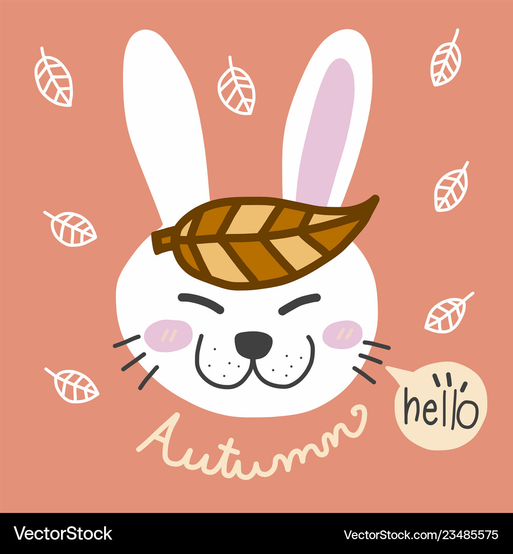 Hello autumn and white rabbit cartoon Royalty Free Vector