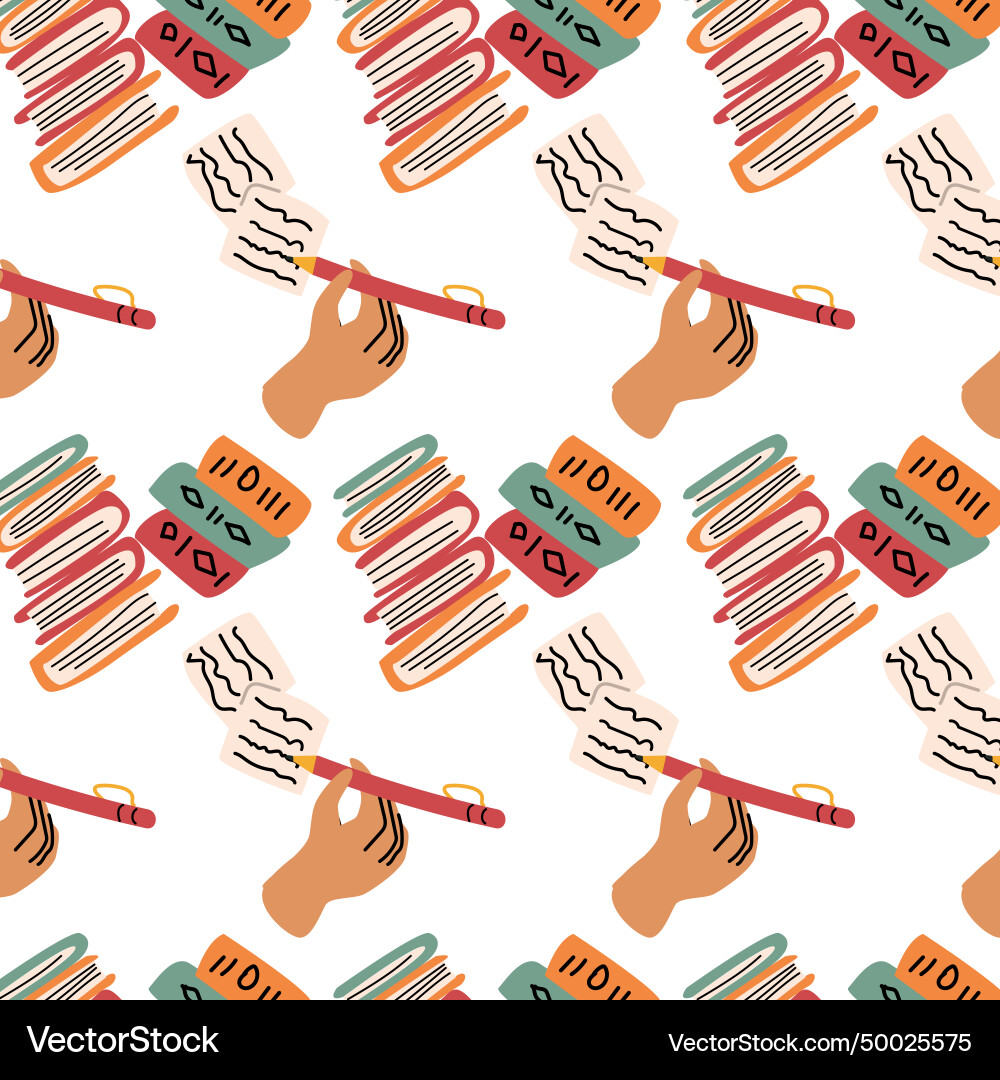 Human hand writing and books seamless background Vector Image