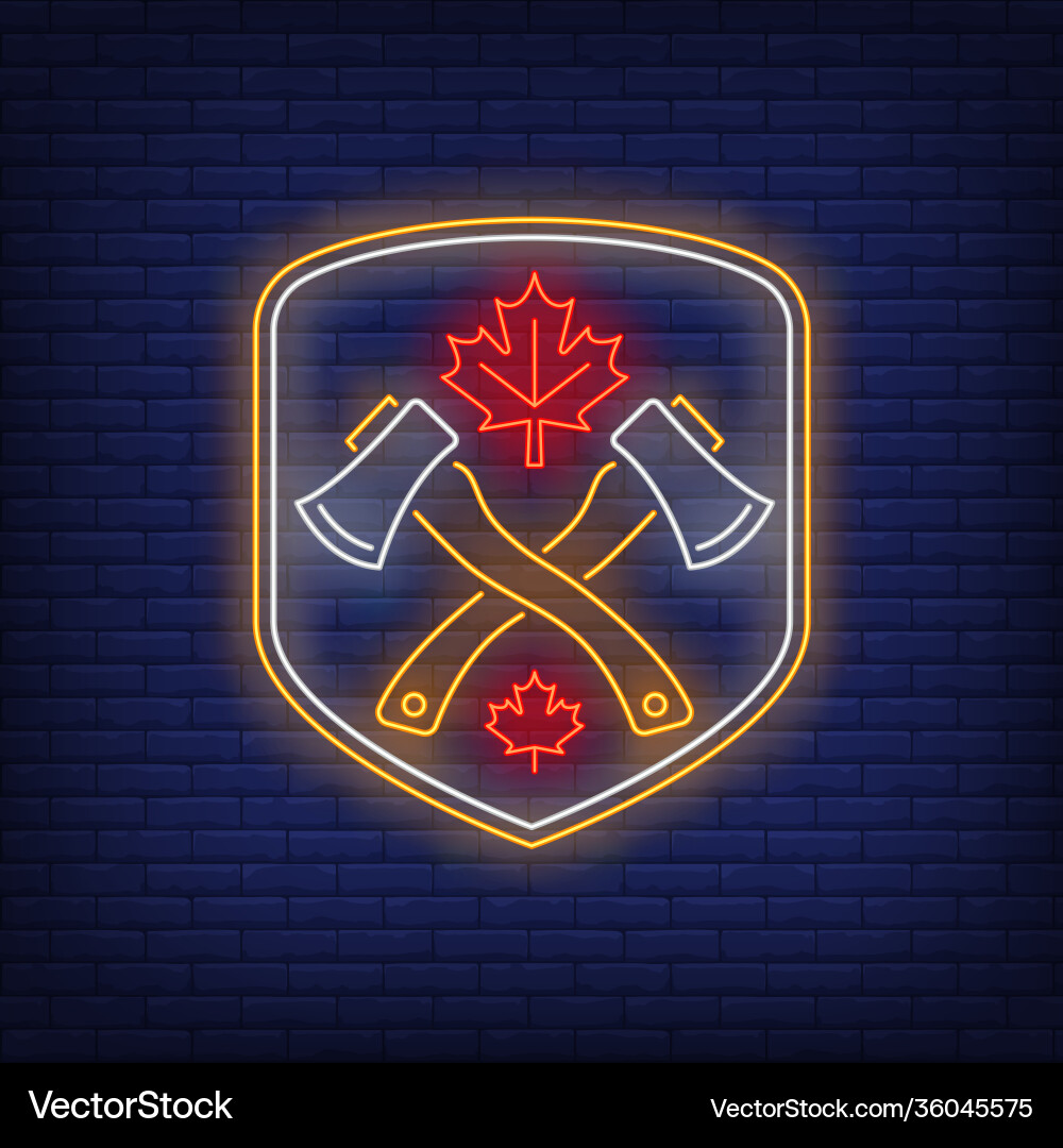 Shield with crossed axes and maple leaf neon sign Vector Image