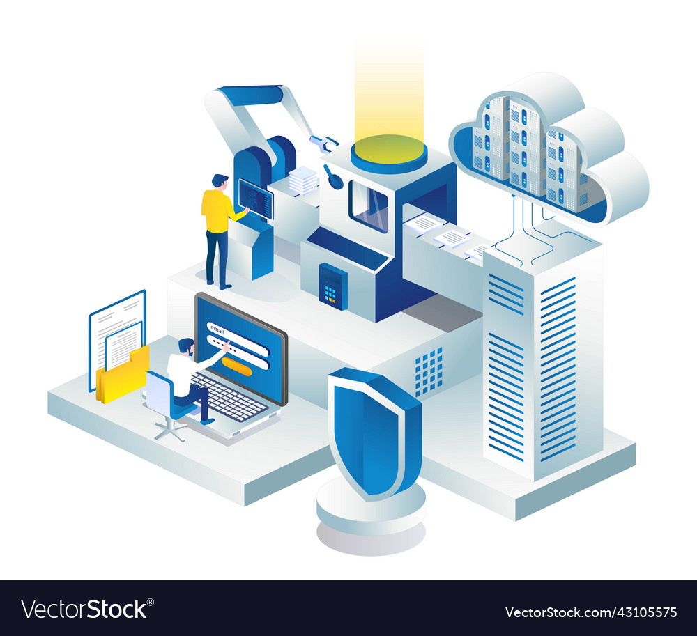 Team is processing cloud server data Royalty Free Vector