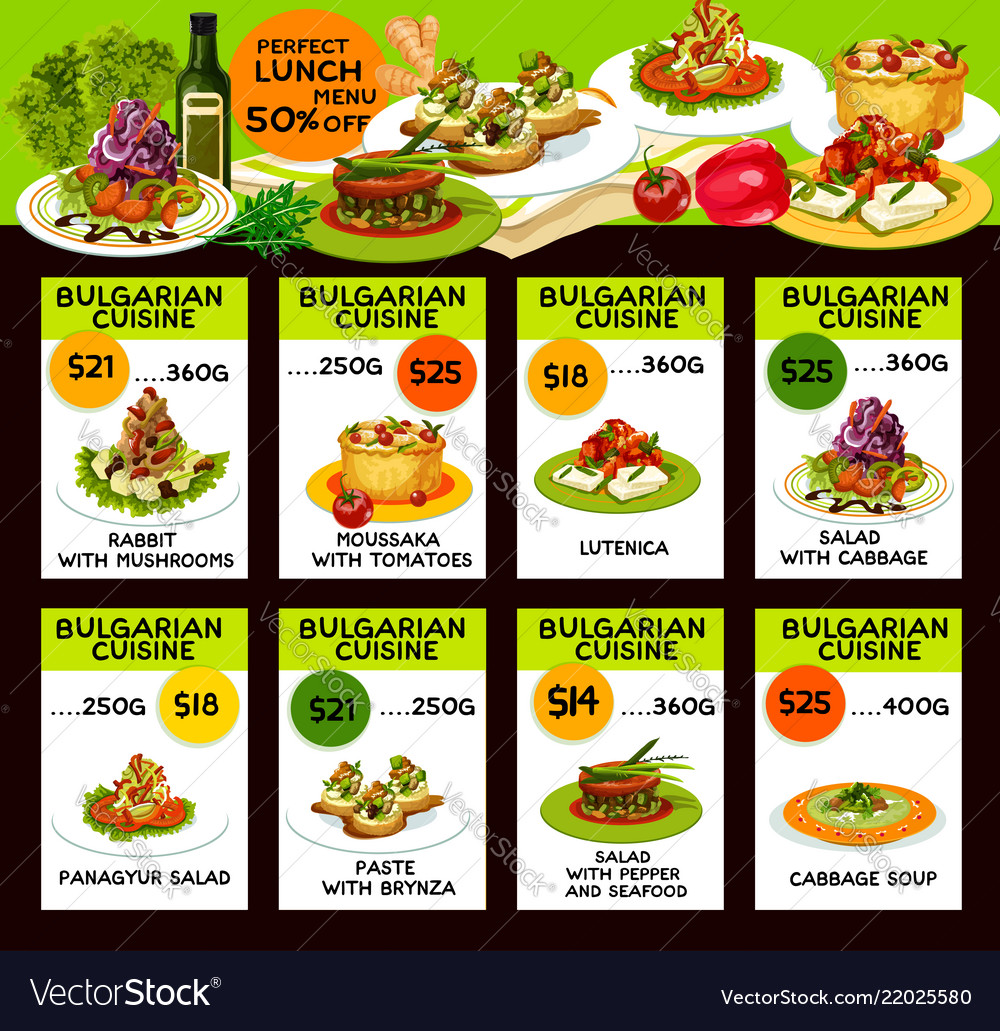 Bulgarian cuisine dishes and salads Royalty Free Vector