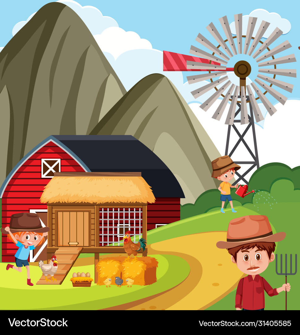 Farm scene with farmer and children working Vector Image