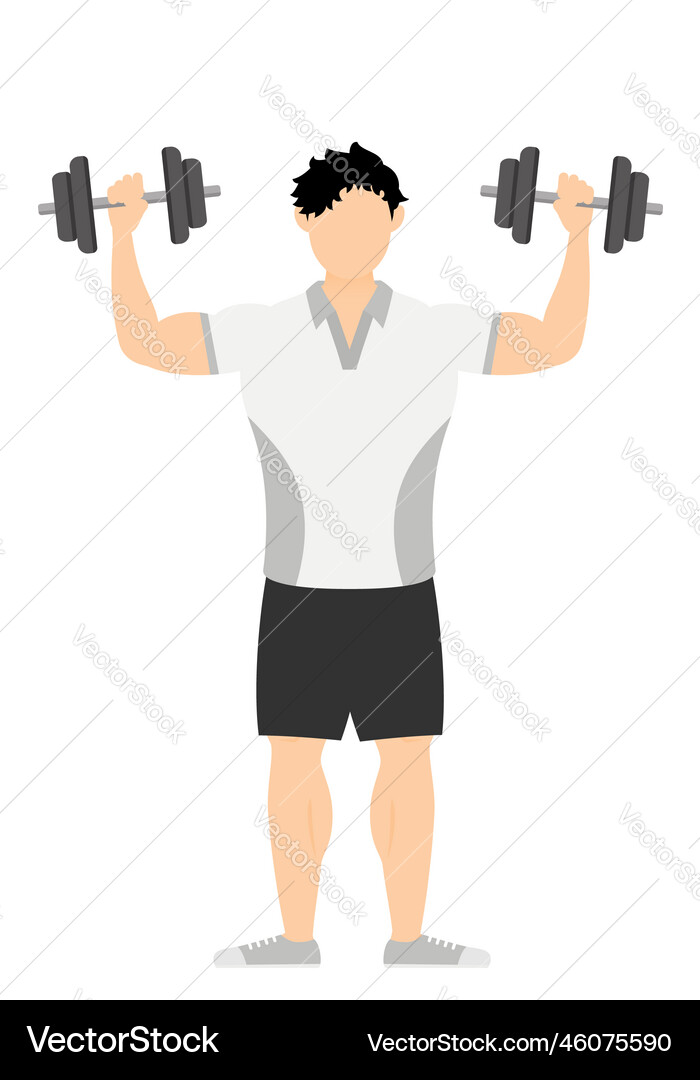 Gym instructor male pose demonstrating dumbbell Vector Image