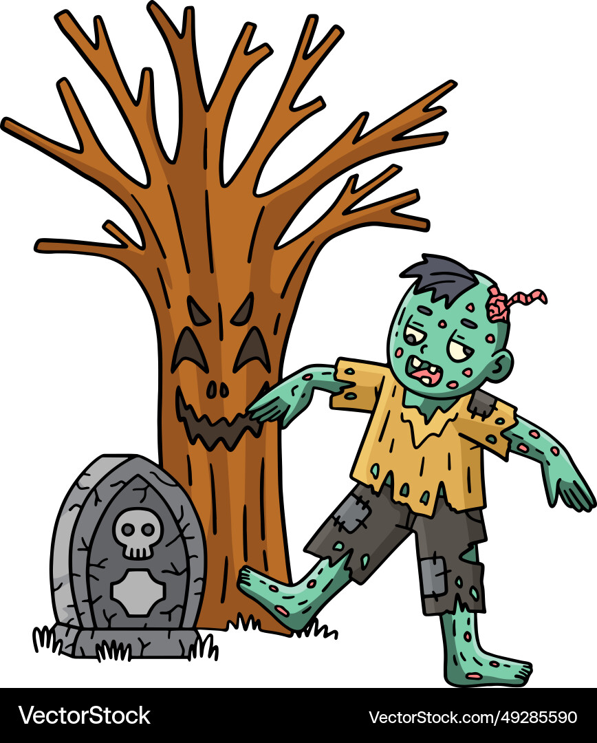 Zombie under spooky tree cartoon colored clipart Vector Image