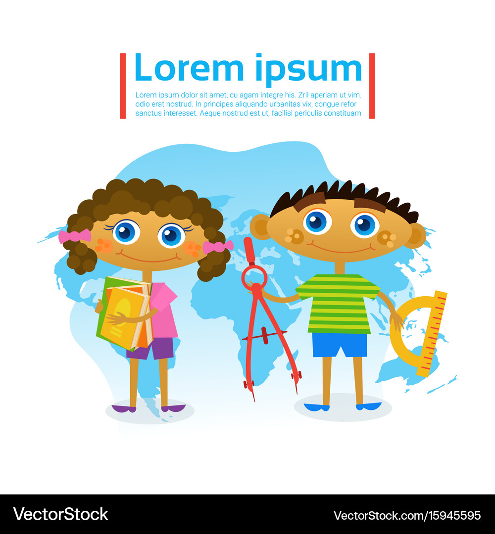 Small kids holding compasses over world map Vector Image