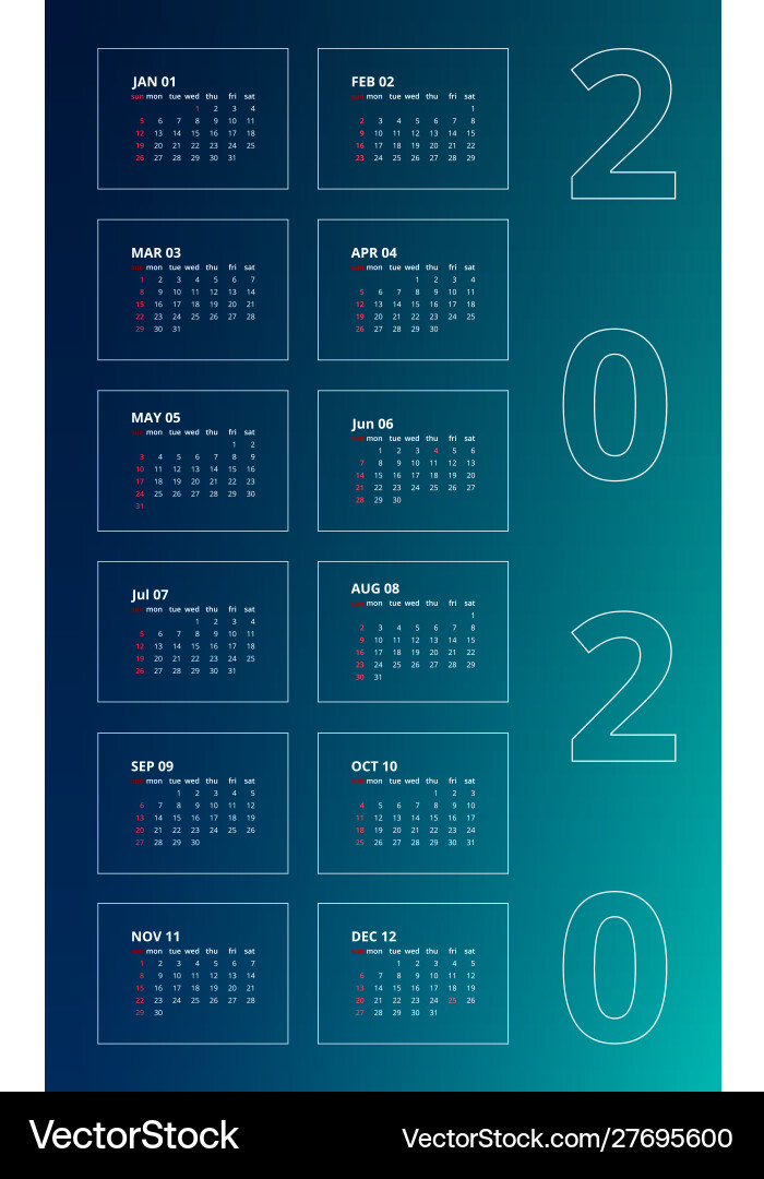 Vertical 2020 calendar on green background Vector Image