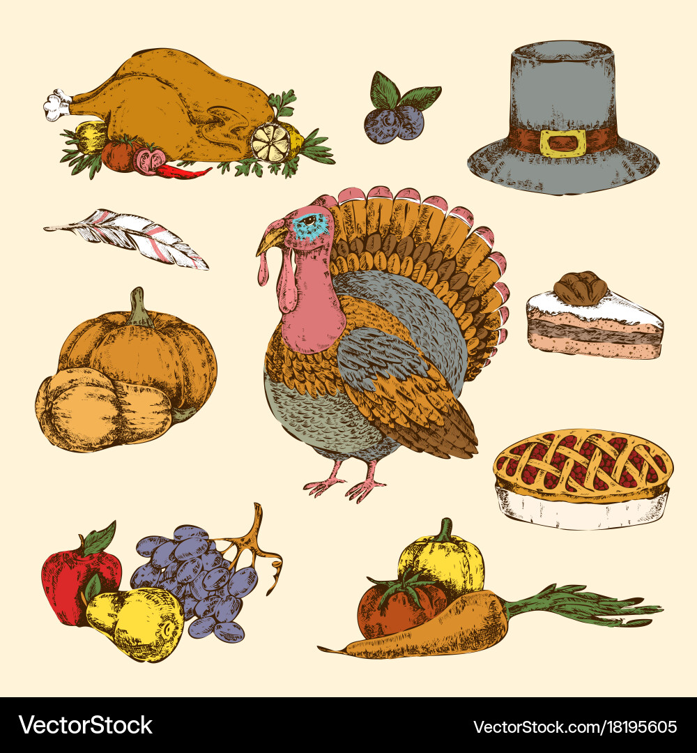 Thanksgiving day hand drawn colored set Royalty Free Vector