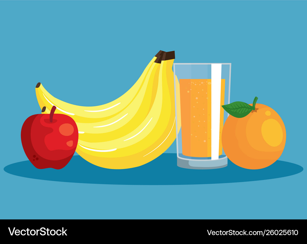 Fresh bananas and apple with orange fruit Vector Image