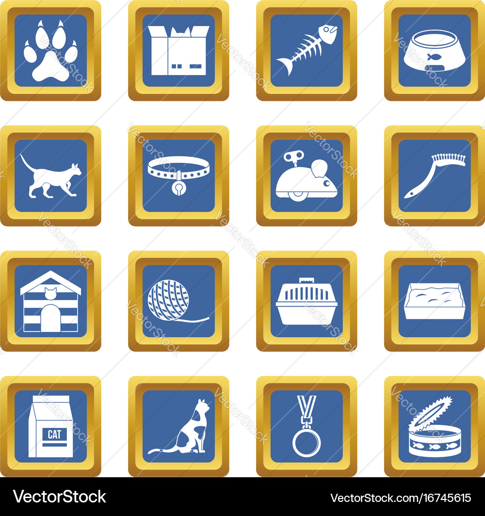 Cat care tools icons set blue Royalty Free Vector Image
