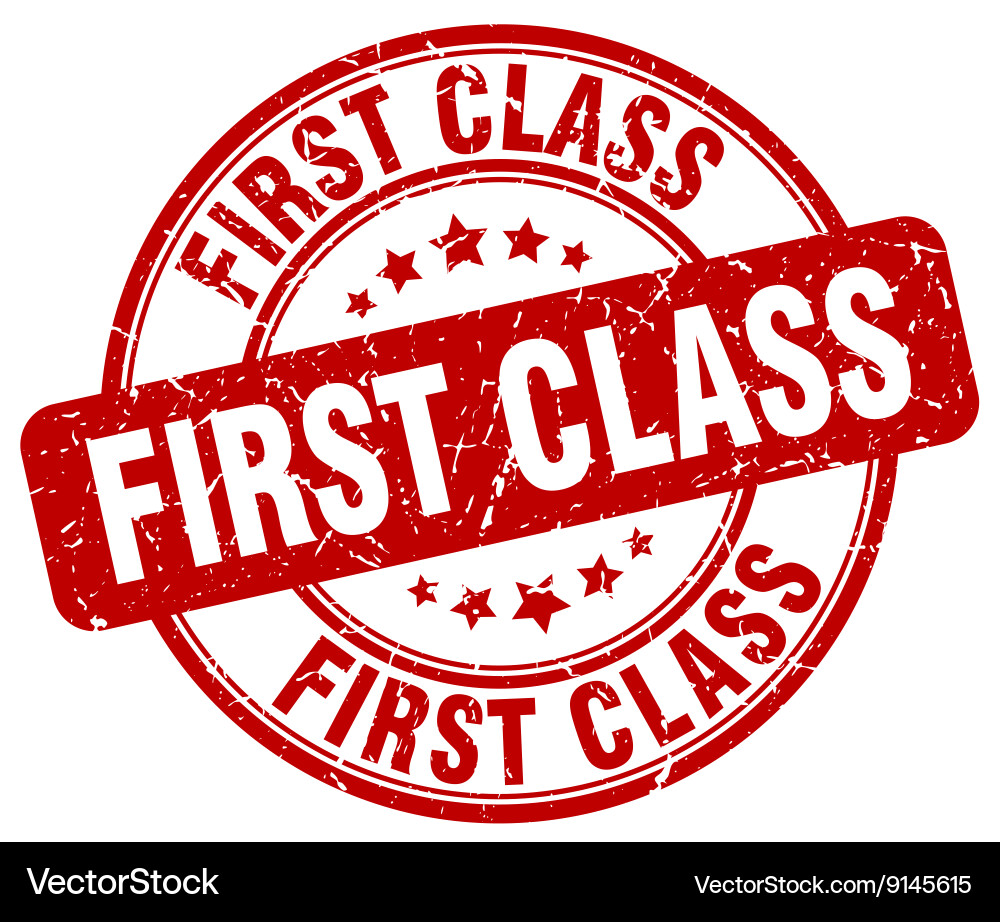 First class red grunge round vintage rubber stamp Vector Image