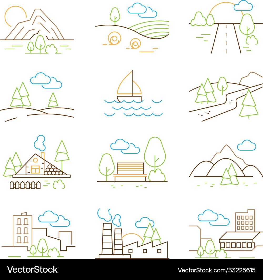 Outline landscapes thin line trees building Vector Image