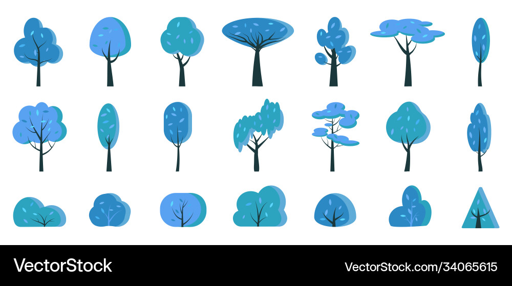 Winter blue tree bush flat cartoon icon set Vector Image