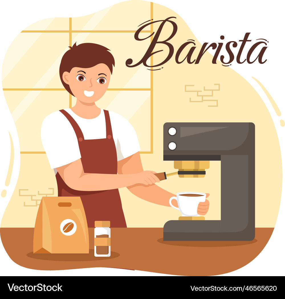 Barista with wearing standing apron making coffee Vector Image