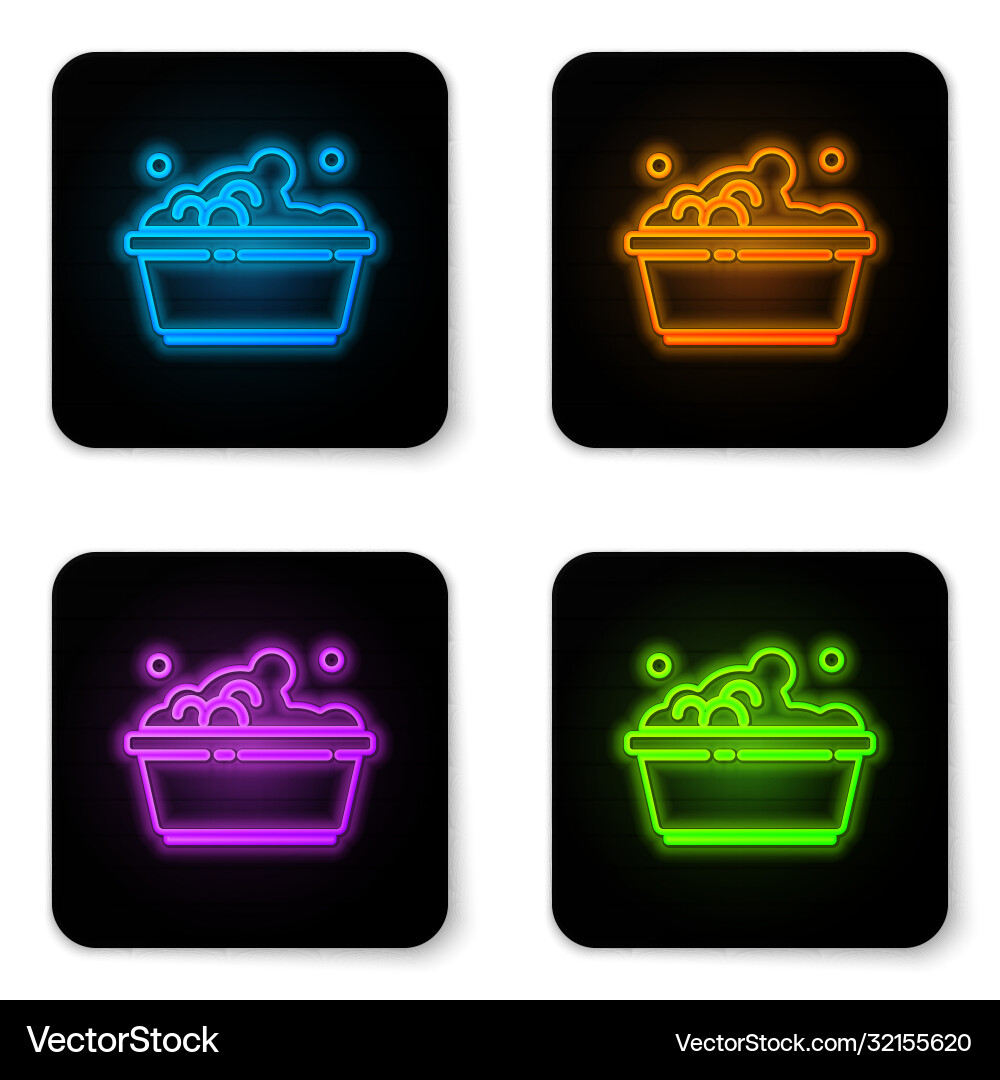 Glowing neon plastic basin with soap suds icon Vector Image