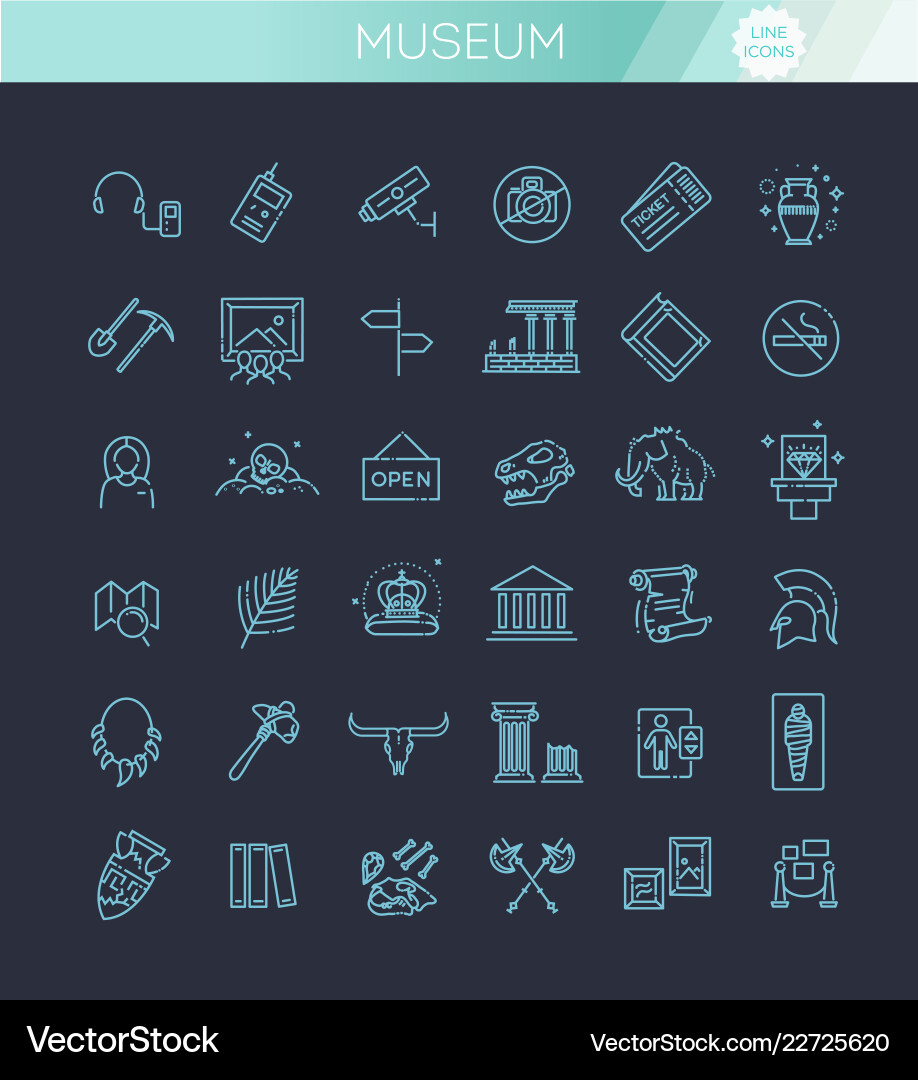 Museum icons set museum exhibits collection thin Vector Image