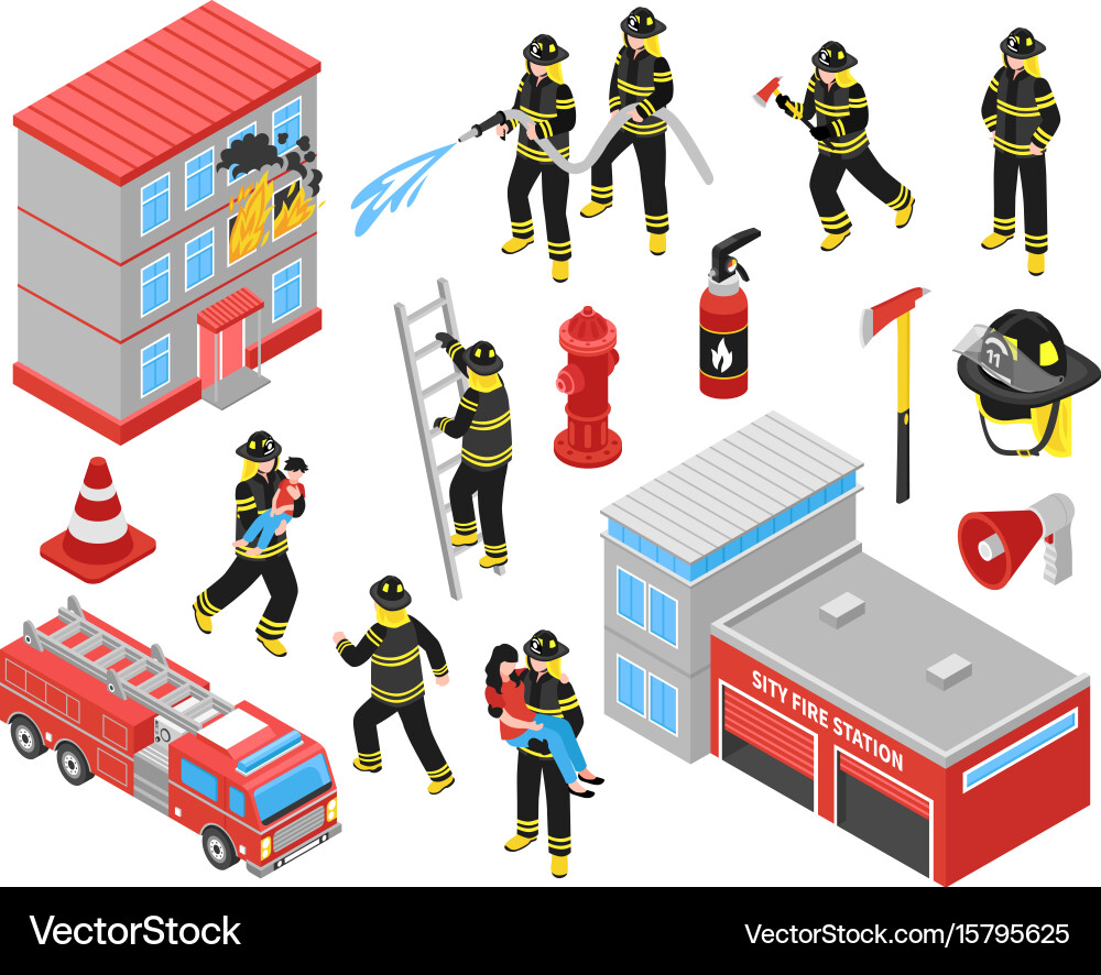 Fire department isometric icons set Royalty Free Vector