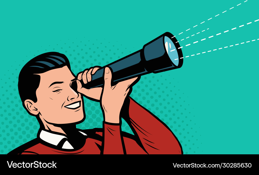 Businessman looking through spyglass retro comic Vector Image