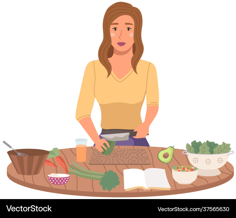 Woman preparing salad using vegetarian ingredients