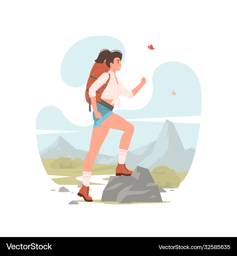 Female hiker with backpack travelling through Vector Image