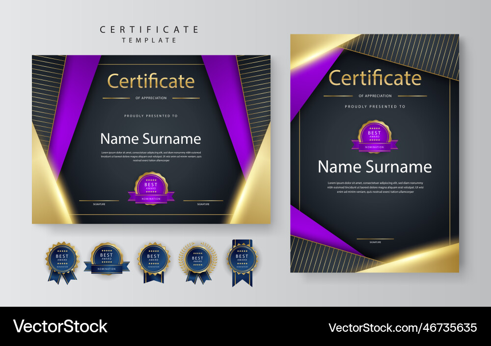 Modern purple gold black certificate template Vector Image