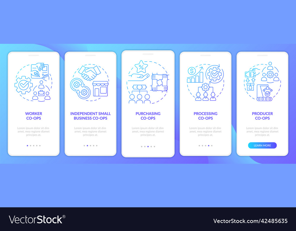 Types of co-ops blue gradient onboarding mobile Vector Image Types of co-ops blue gradient onboarding mobile Vector Image