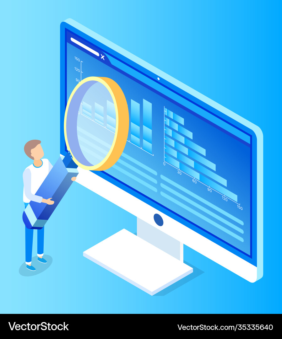 Pc professional researching with loupe Royalty Free Vector