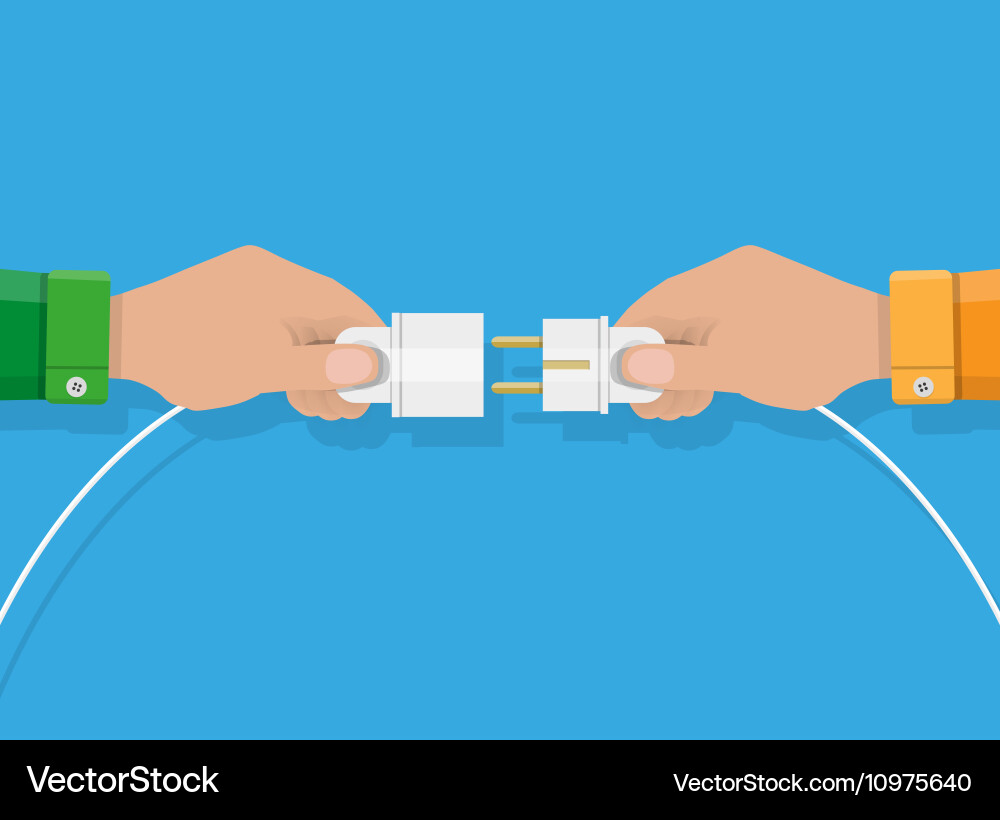 Two hands trying to connect electric plug together