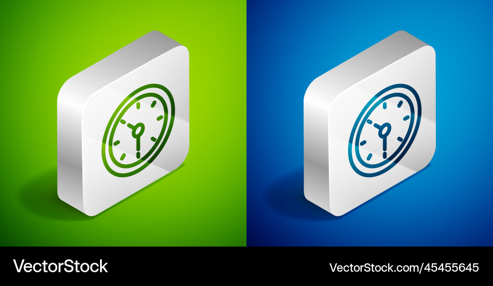 Isometric line clock icon isolated on green and Vector Image