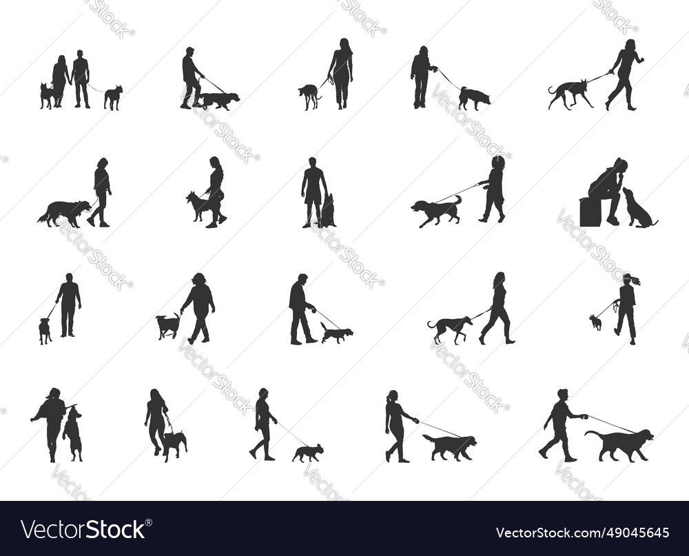 People walking dog silhouettes svg Royalty Free Vector Image