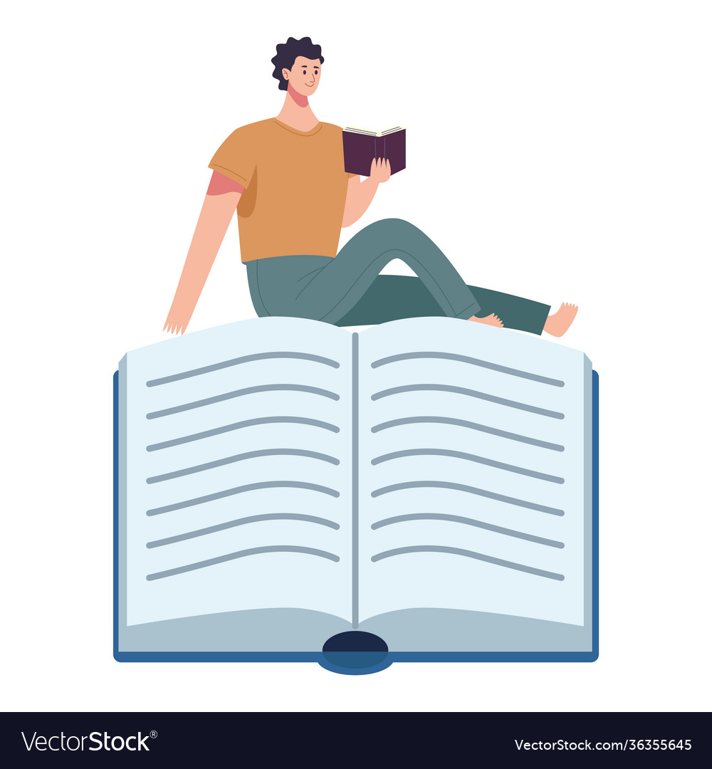 Reader Man Reading Book Seated In Book Character Vector Image