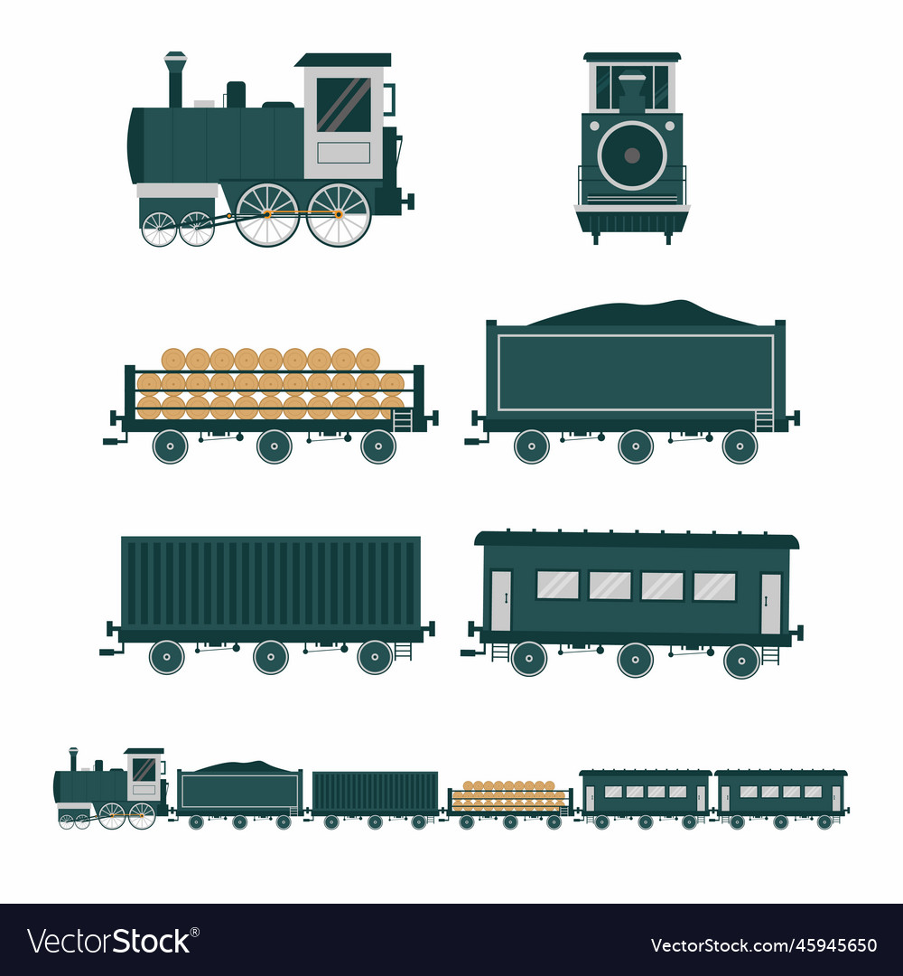 Old train flat style set of vintage Royalty Free Vector
