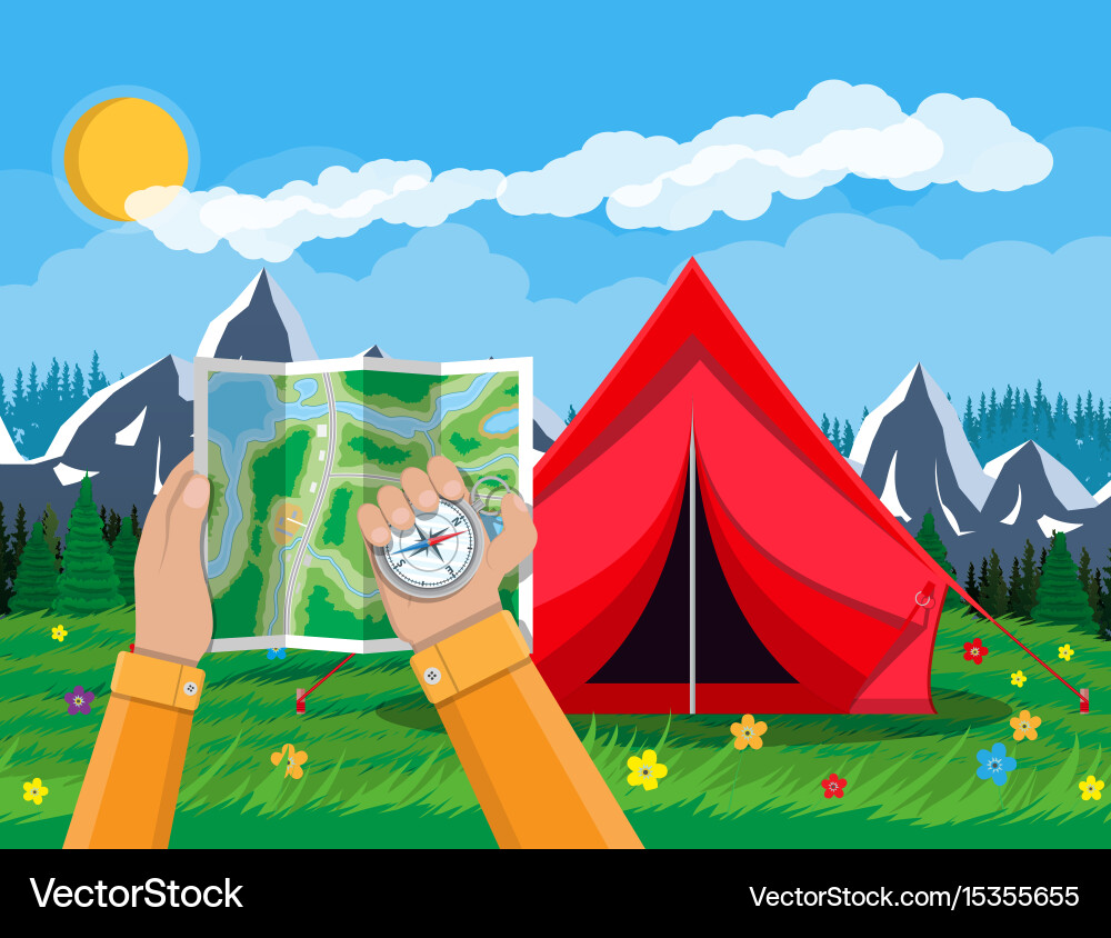Folded paper city map and compass in hands Vector Image