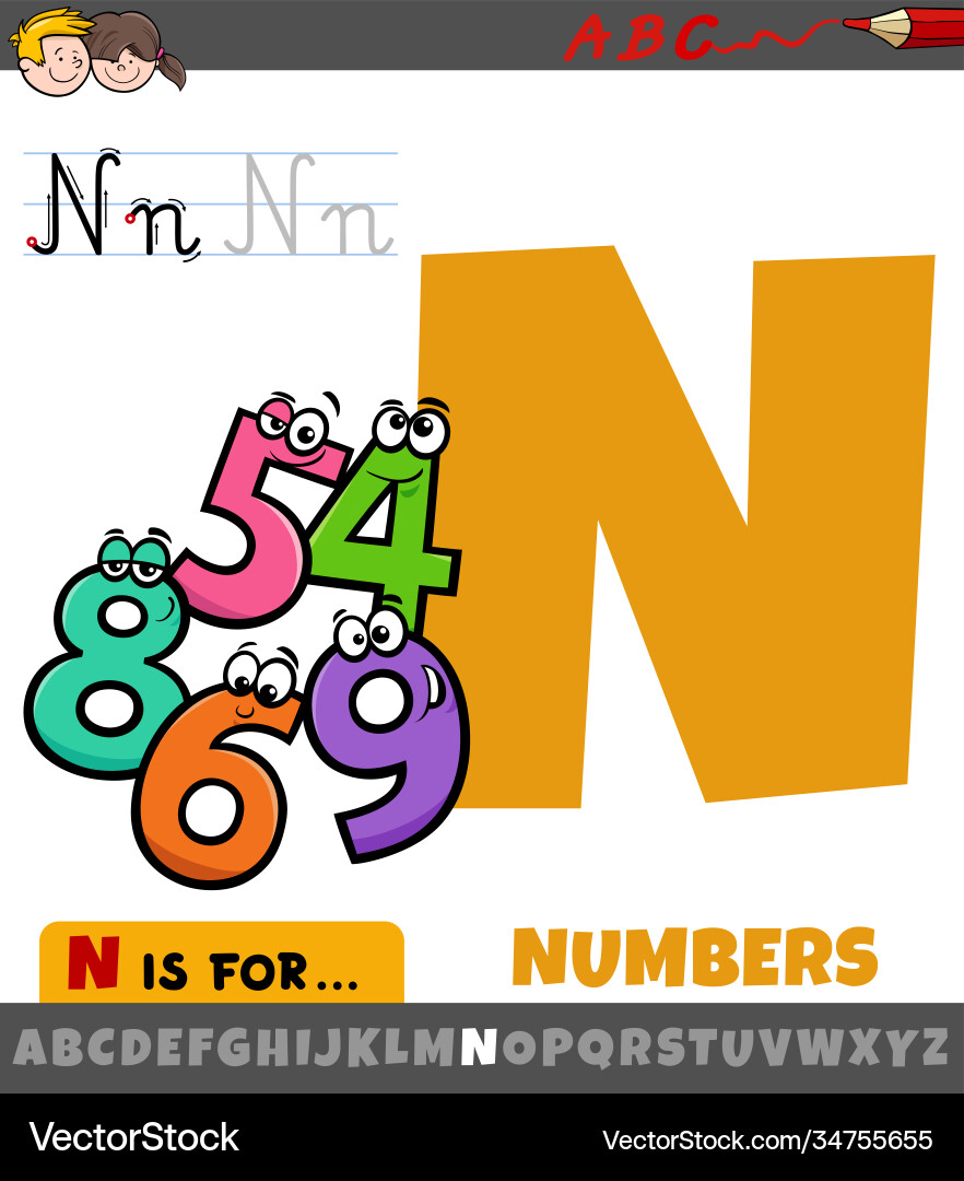 Letter n worksheet with cartoon numbers Royalty Free Vector