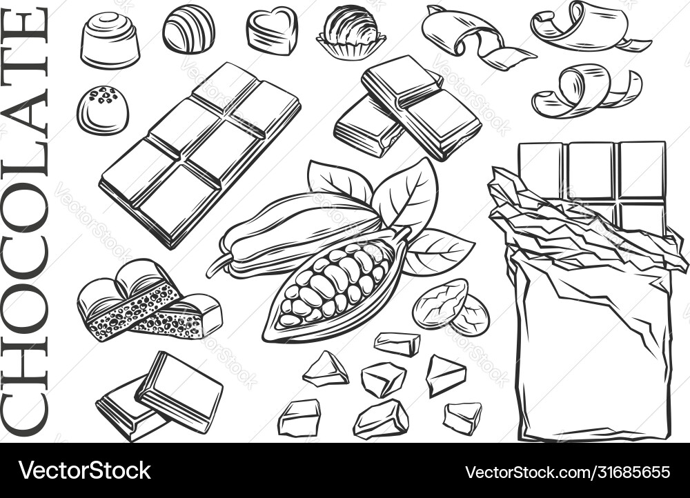 Outline chocolate set icons Royalty Free Vector Image