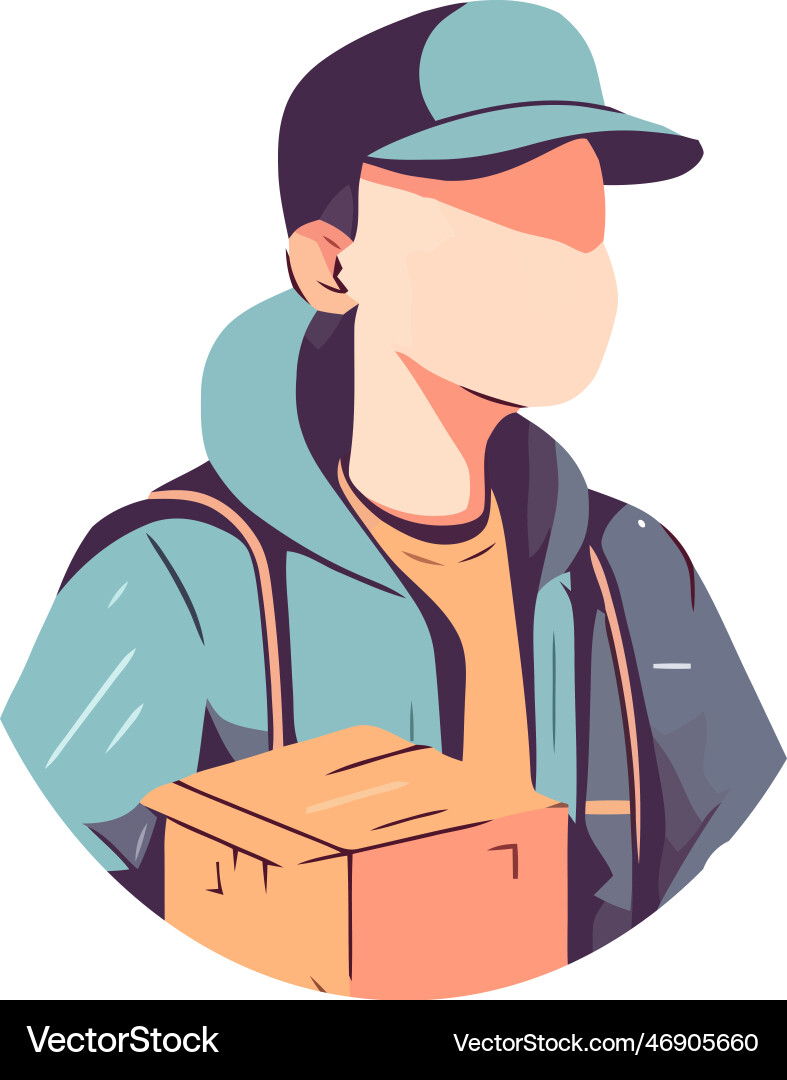 Delivery man in blue cap carrying package Vector Image