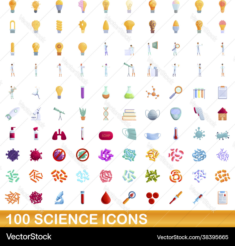 100 science icons set cartoon style Royalty Free Vector