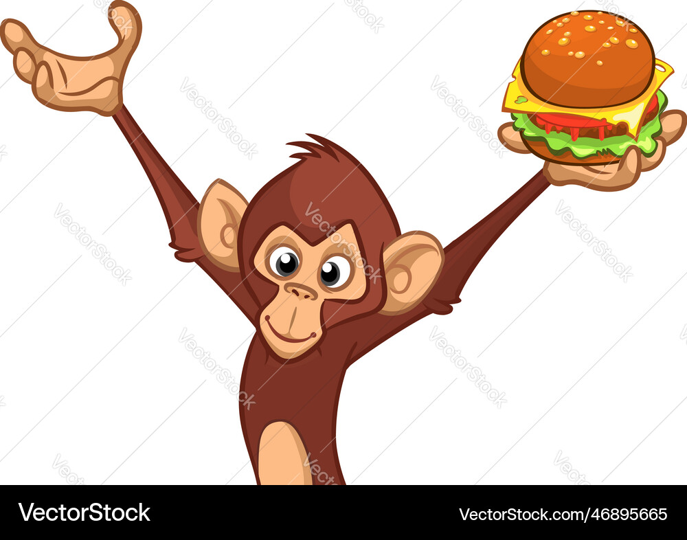 Cartoon funny monkey chimpanzee holding hamburger Vector Image