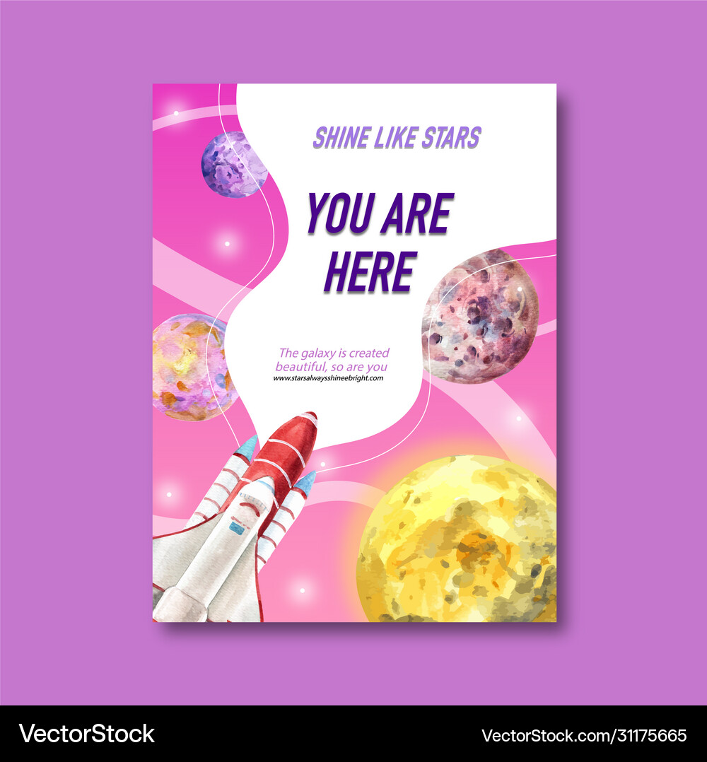 Galaxy poster design with planet rocket watercolor