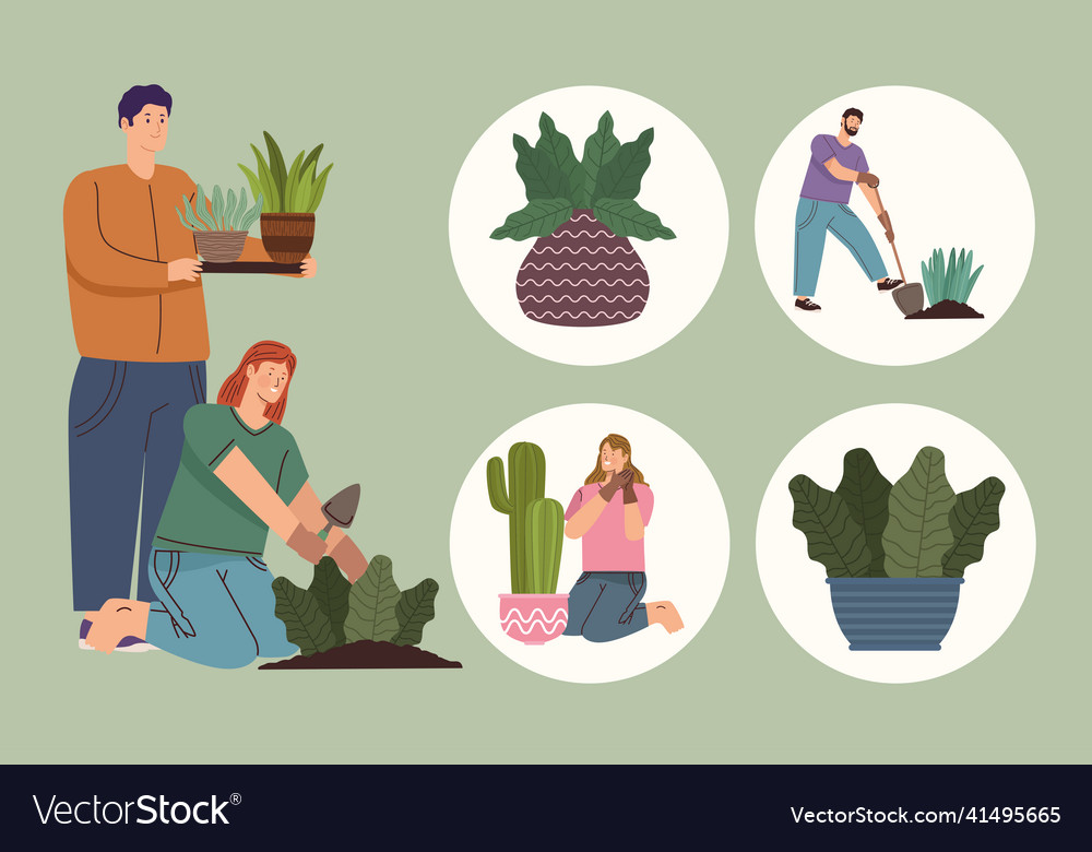 Gardeners four workers characters Royalty Free Vector Image Gardeners four workers characters Royalty Free Vector Image