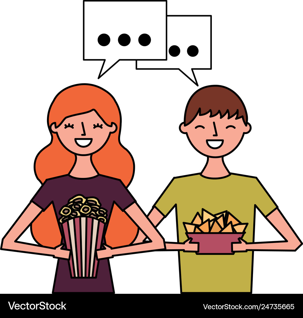 Smiling couple with popcorn and nachos Royalty Free Vector