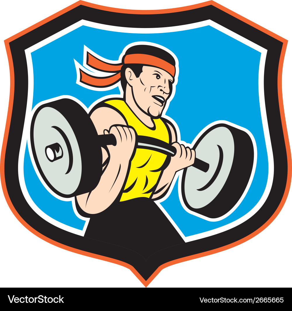 Weightlifter lifting barbell shield cartoon Vector Image