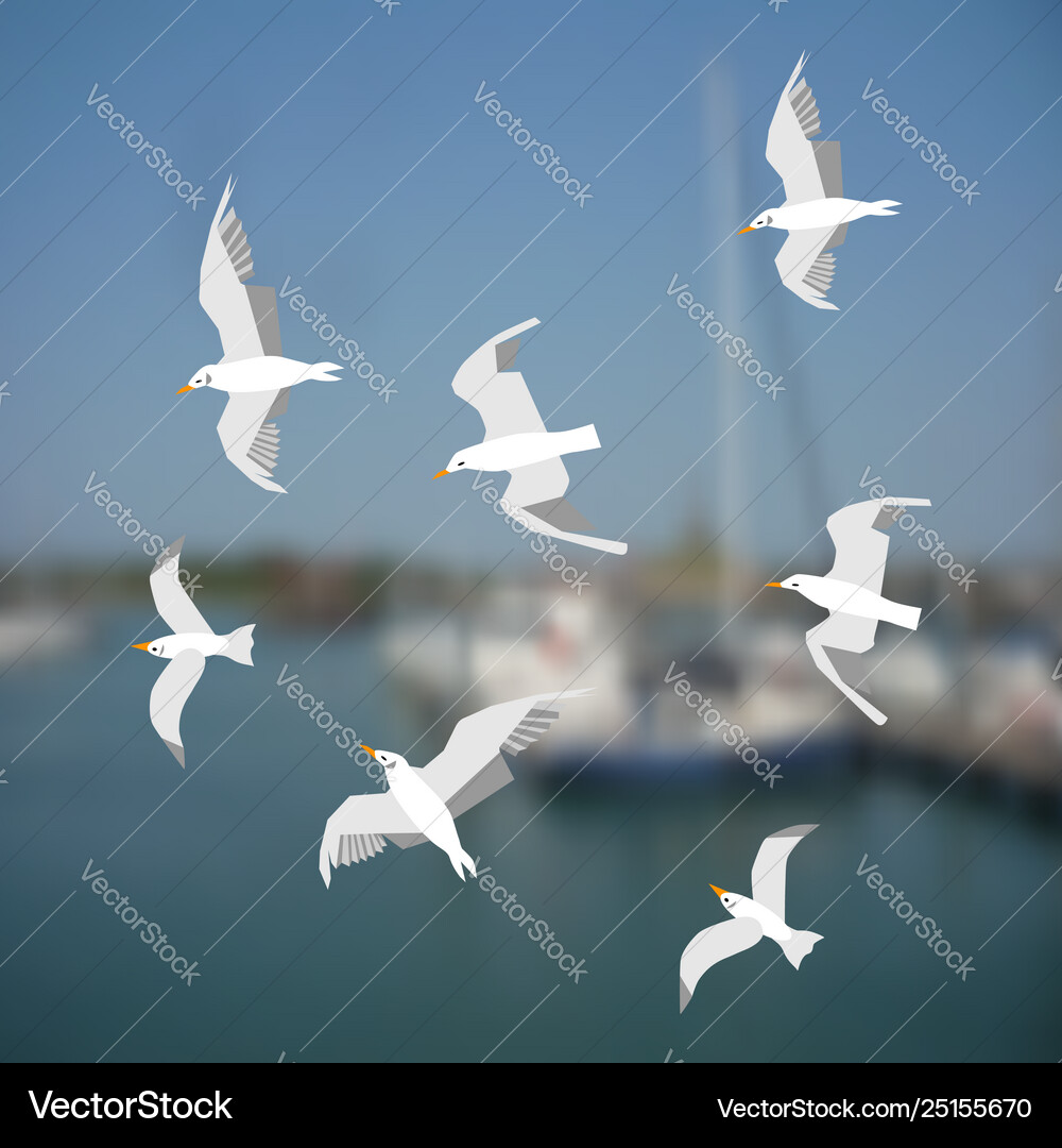 Group seagulls flying on sea background Royalty Free Vector