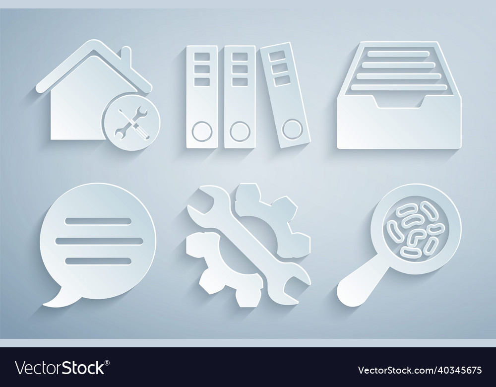 Set wrench and gear drawer with documents speech Vector Image Set wrench and gear drawer with documents speech Vector Image