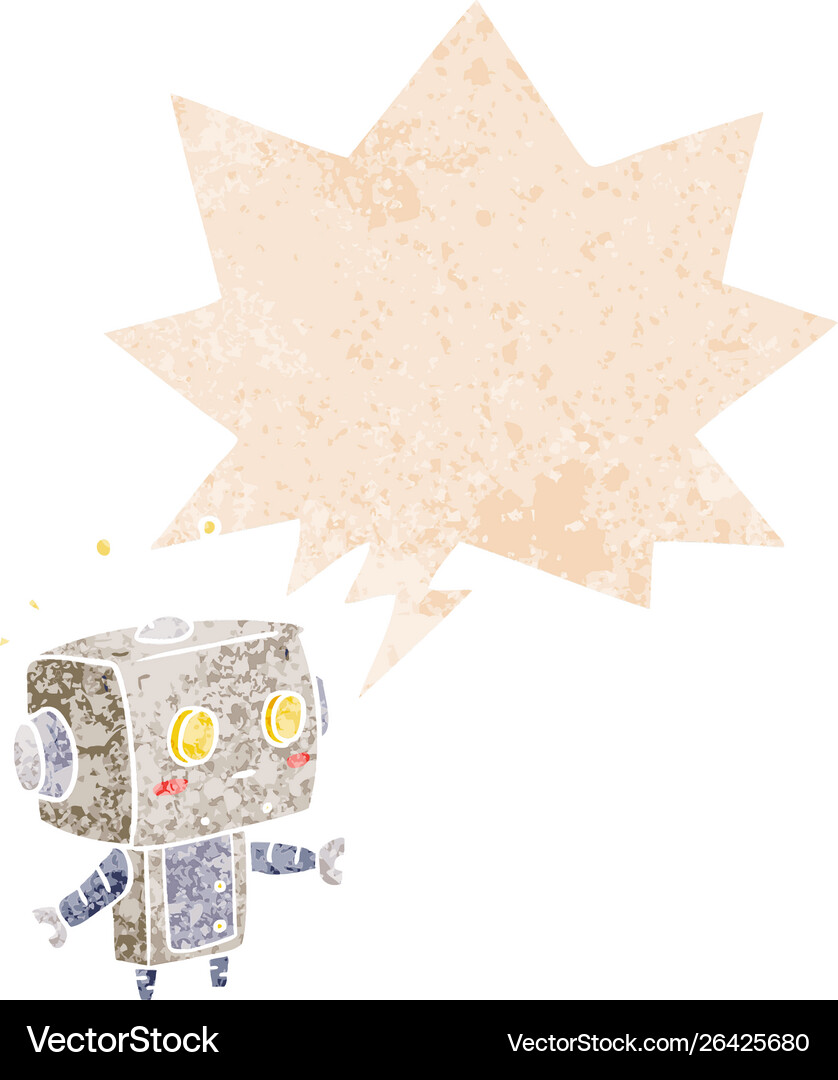 Cartoon robot and speech bubble in retro textured Vector Image