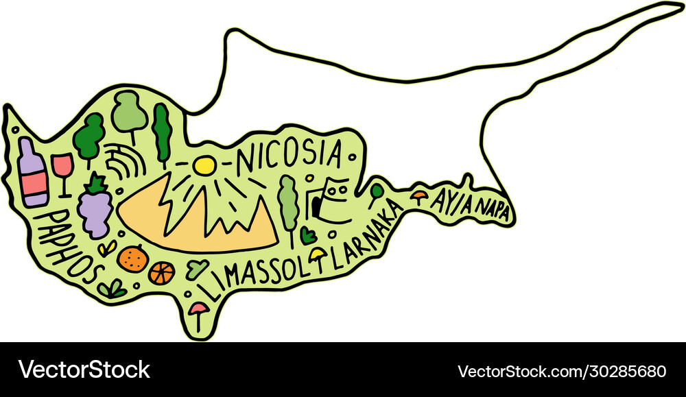 Colored hand drawn doodle cyprus map city names Vector Image