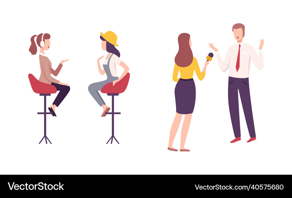 Woman journalist interviewing people character Vector Image