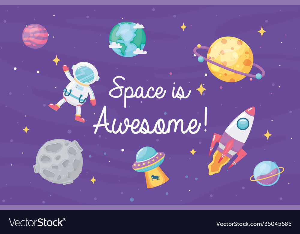 Astronaut spaceship planet and ufo space Vector Image