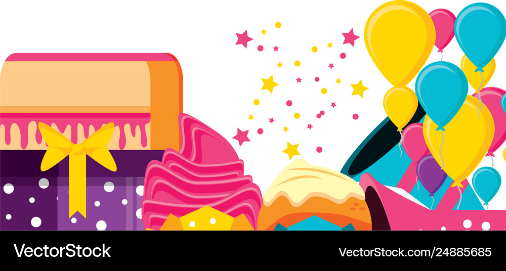 Frame with gift box and icons party Royalty Free Vector